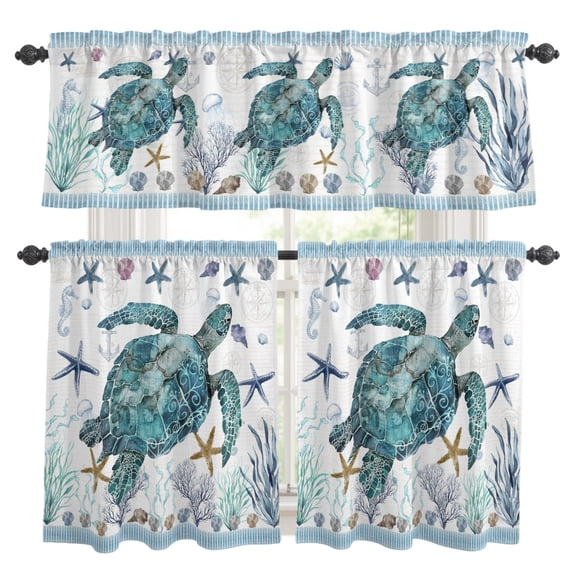 Blue Sea Turtle Kitchen Curtains and Valances Set, Ocean Watercolor ...