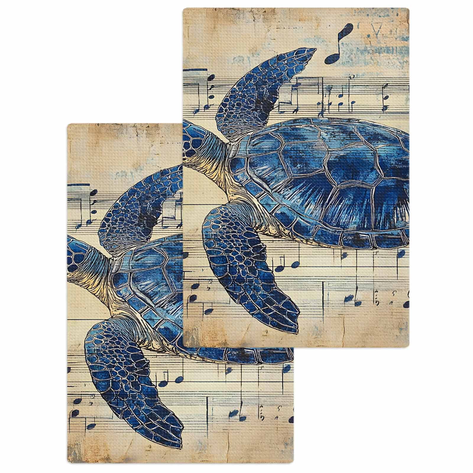 Blue Sea Turtle Kitchen Dish Towels for Drying Dishes Set of 2, Vintage ...