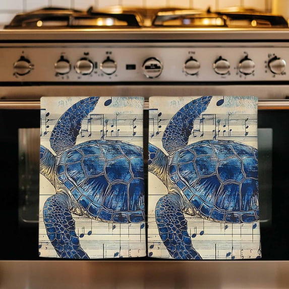 Blue Sea Turtle Kitchen Towels Set of 4, Vintage Coastal Sheet Music ...