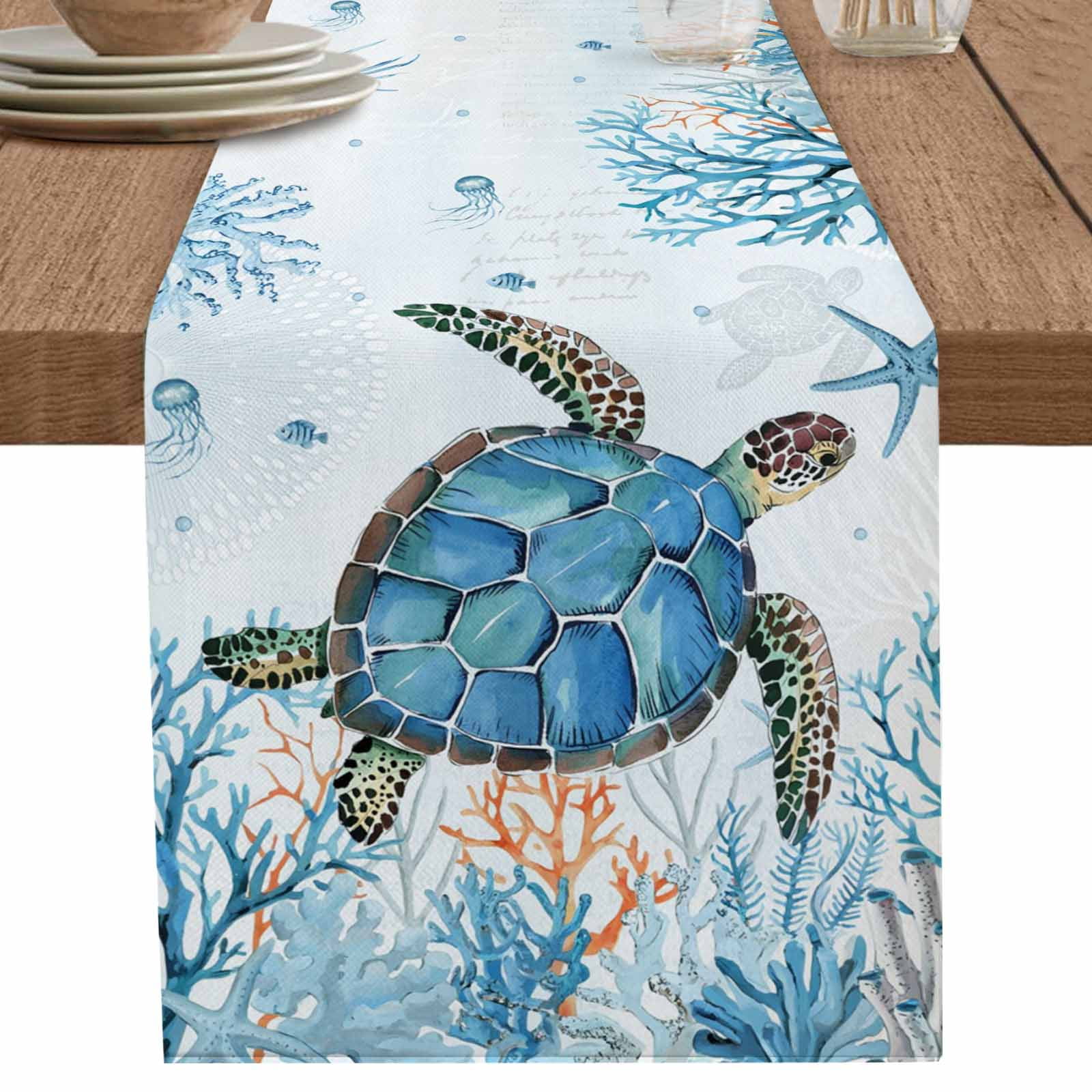 Blue Sea Turtle Ocean Coral Table Runner-70 Inch Long Underwater ...