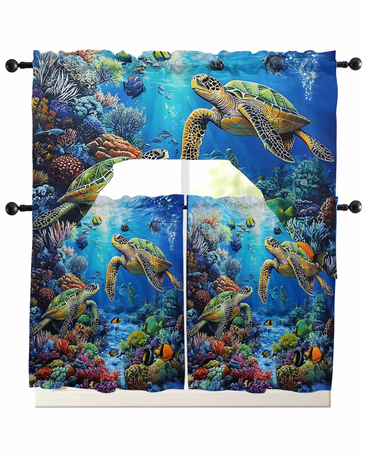 Blue Sea Turtle Ocean Kitchen Curtains Swag Valance and Tier Curtains ...