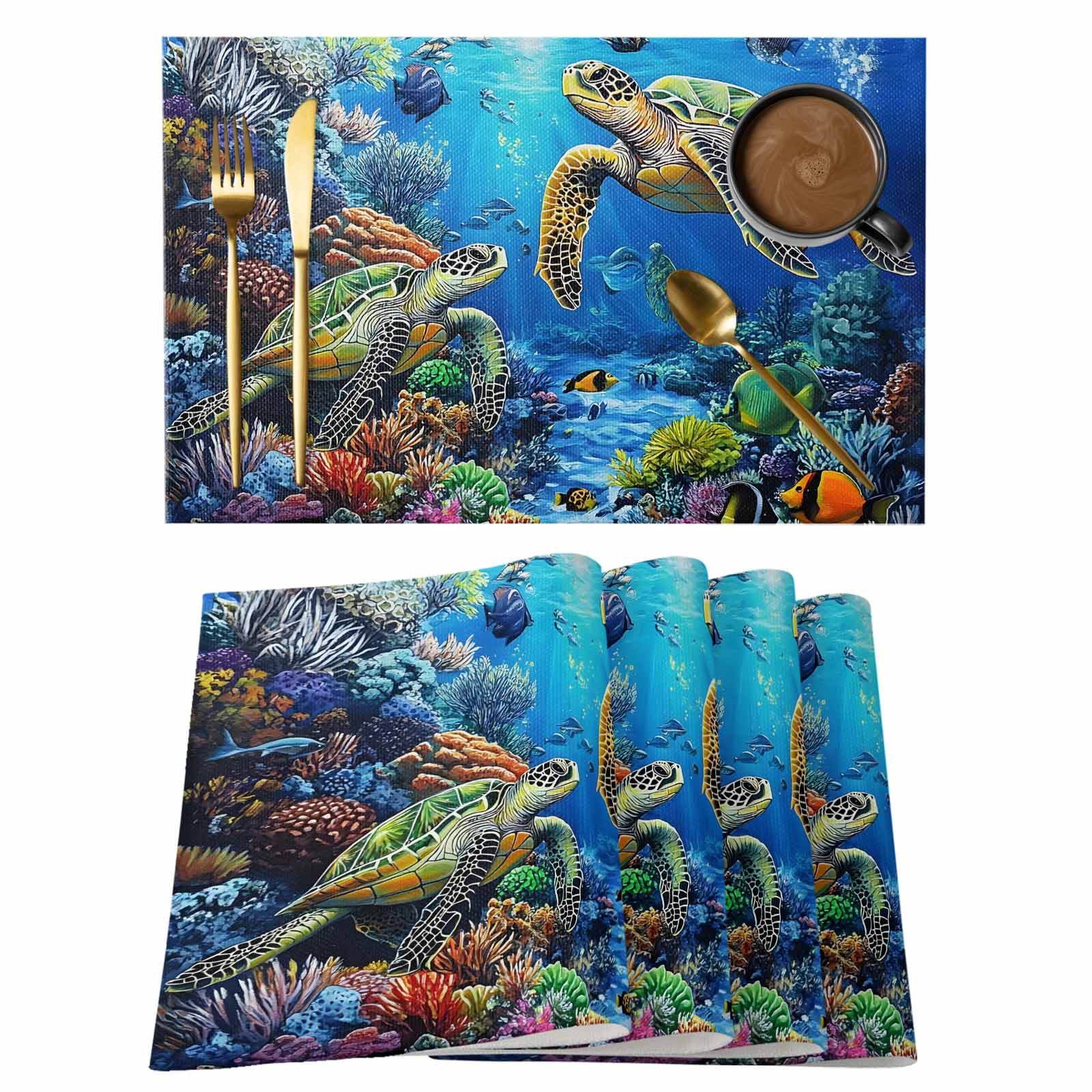 Blue Sea Turtle Ocean Placemats Set of 4 Colorful Coral Sea Underwater ...
