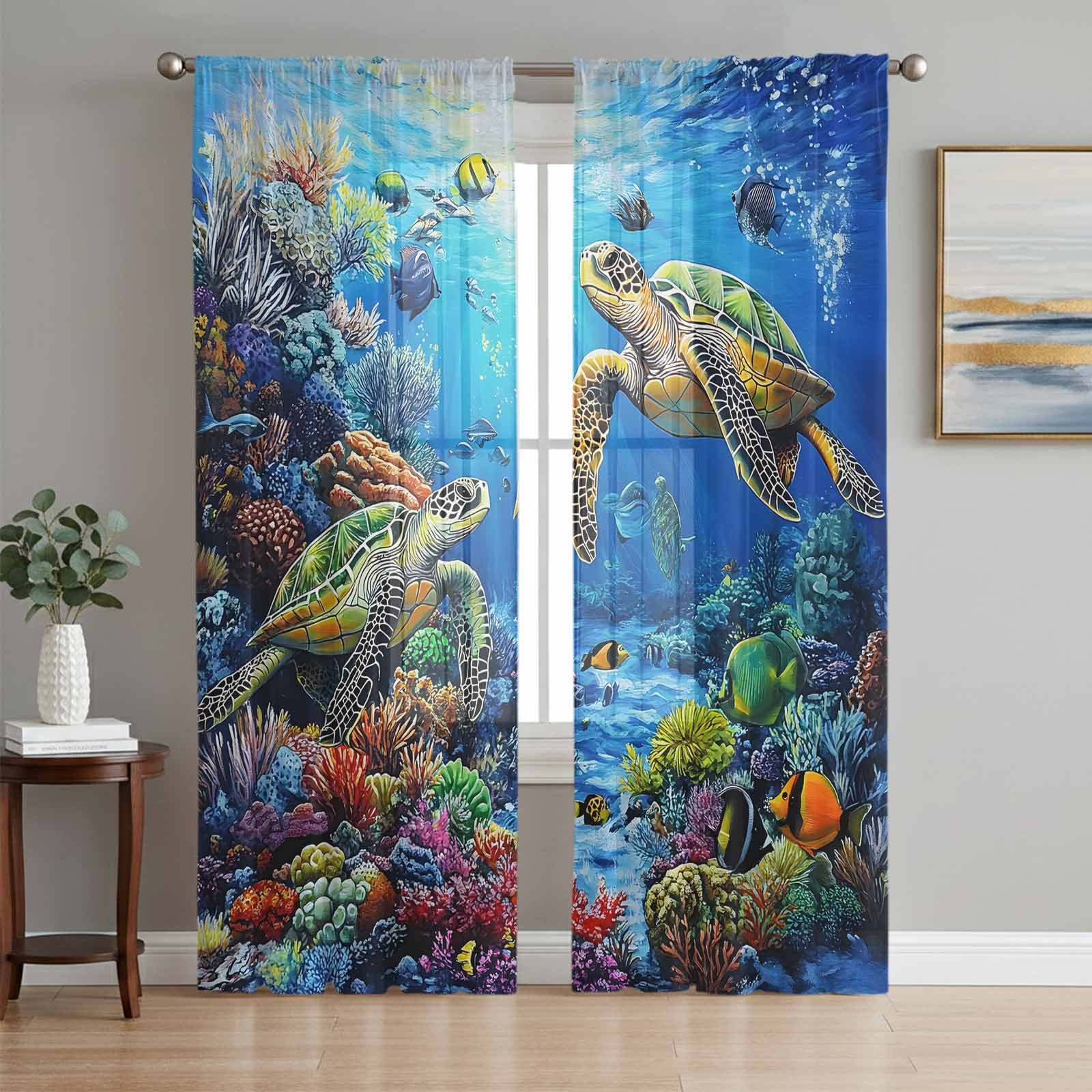 Blue Sea Turtle Ocean Sheer Curtains 84 Inch Length 2 Panels Set ...