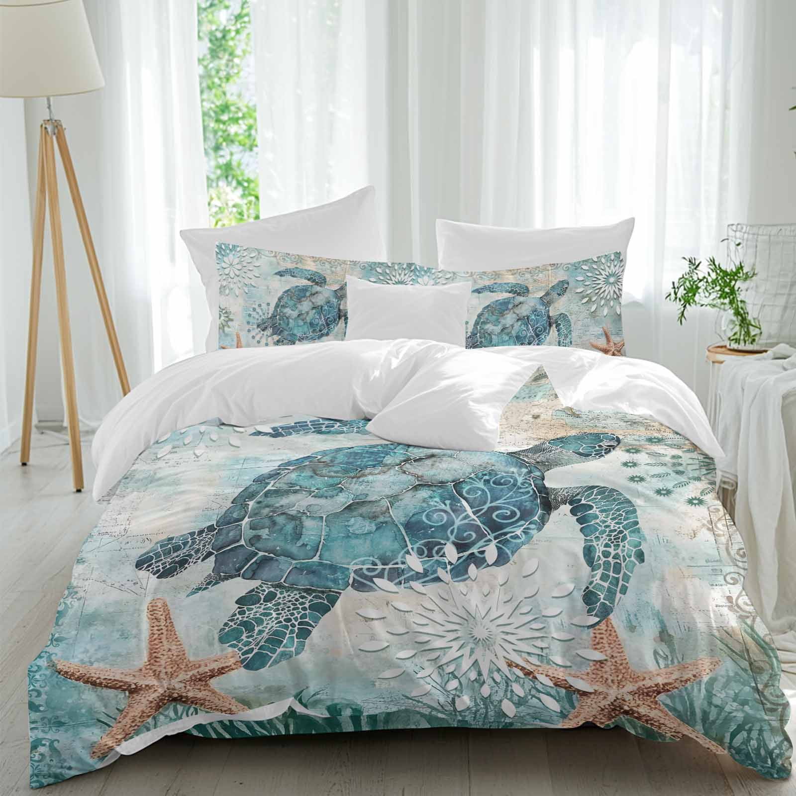 Blue Sea Turtle Ocean Starfish California King Size Bed Set,Seaweed ...
