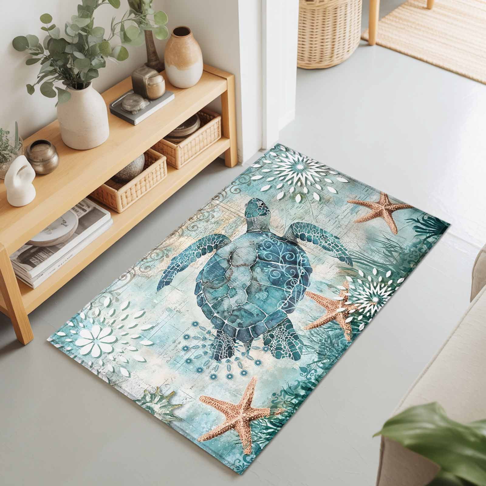 Blue Sea Turtle Ocean Starfish Rectangle Rug 2'x3' Seaweed Vintage Map ...