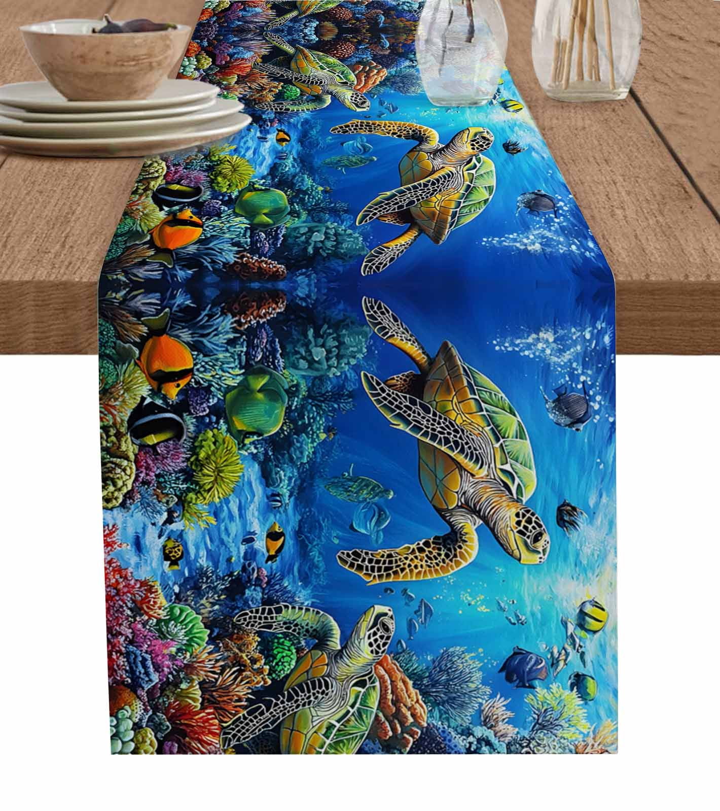 Blue Sea Turtle Ocean Table Runner 36 Inches, Colorful Coral Sea ...