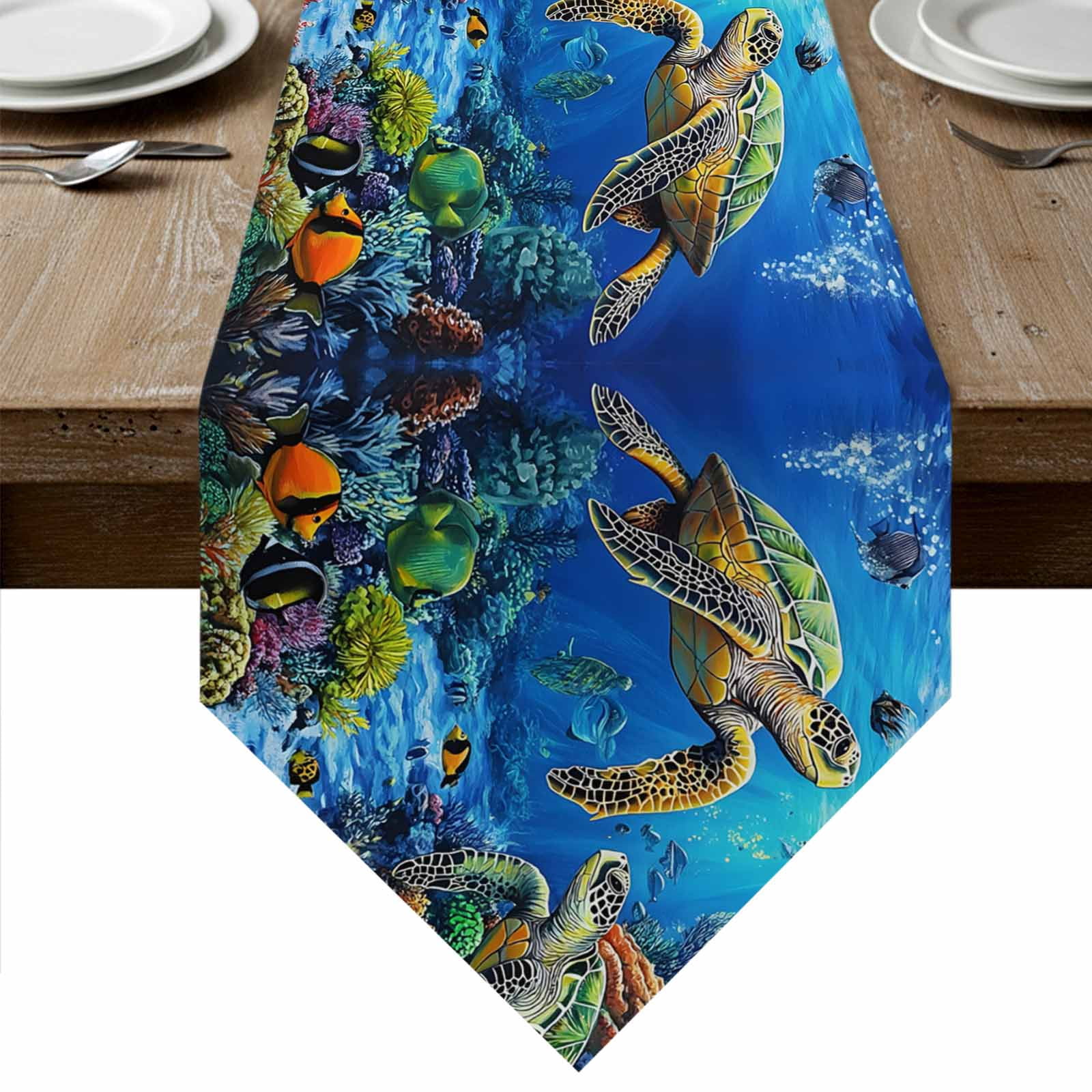 Blue Sea Turtle Ocean Table Runner Linen Burlap Table Runner 120 Inches ...