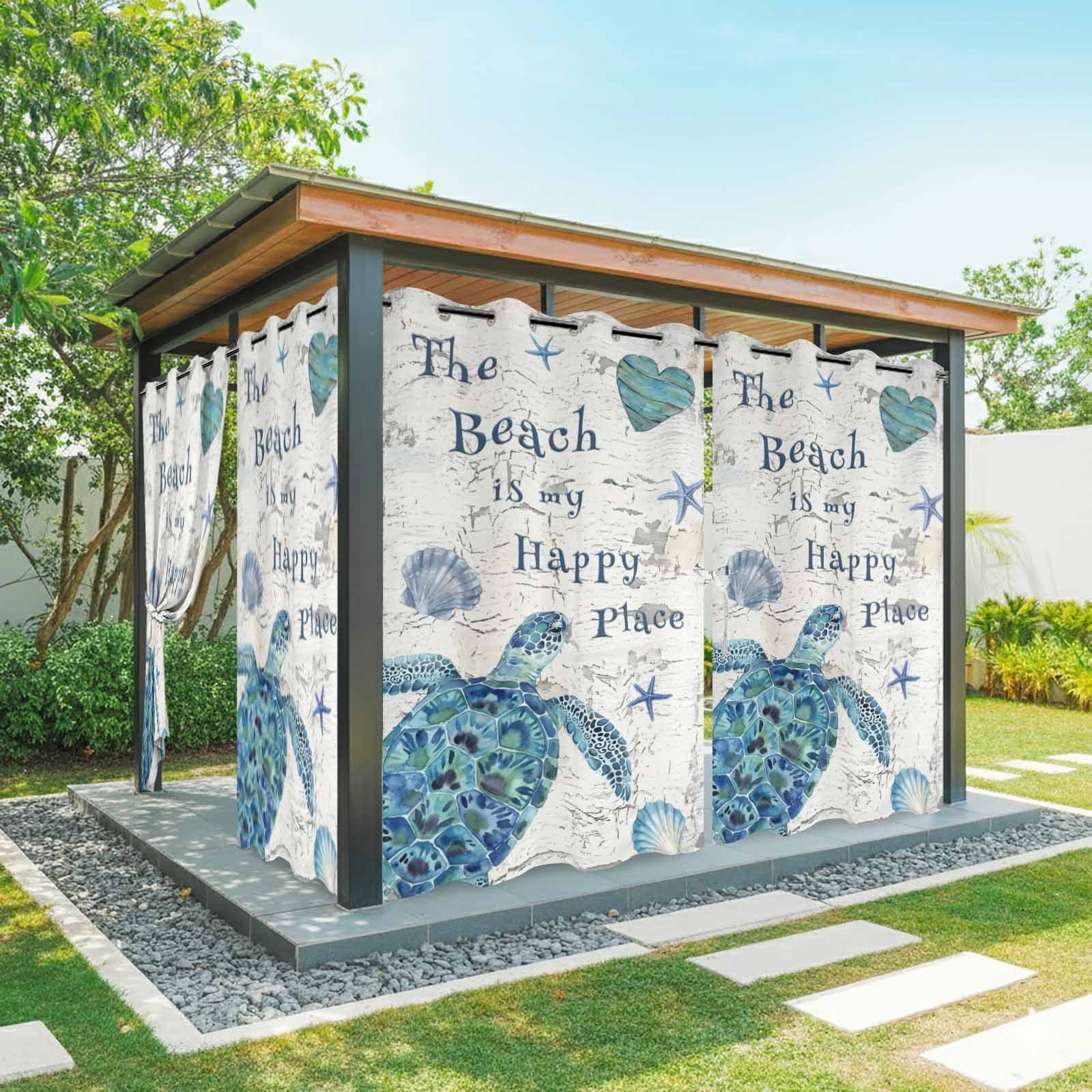 Blue Sea Turtle Outdoor Curtains for Patio, Beach Happy Place Seashell ...