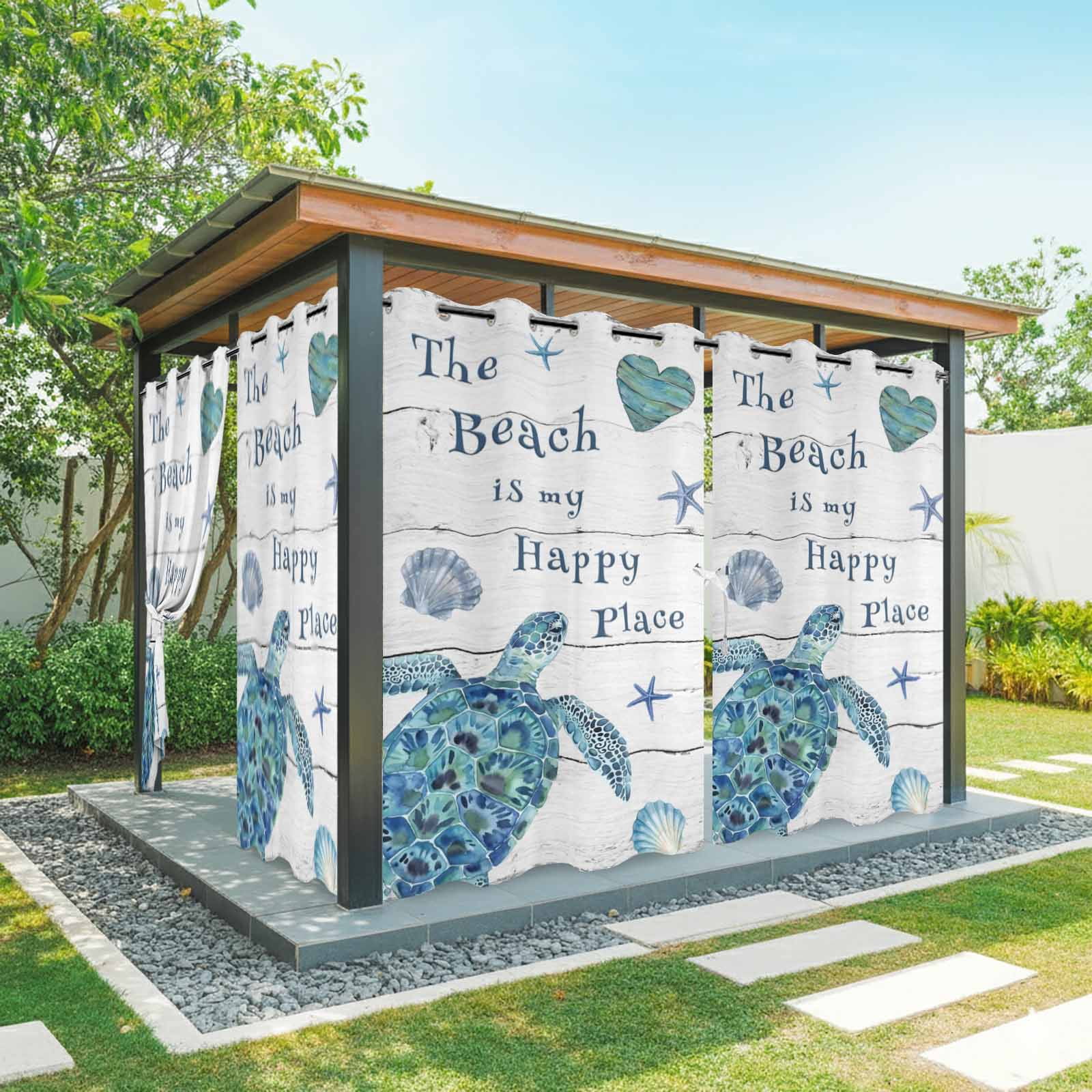 Blue Sea Turtle Outdoor Curtains for Patio, Beach Happy Place Seashell ...