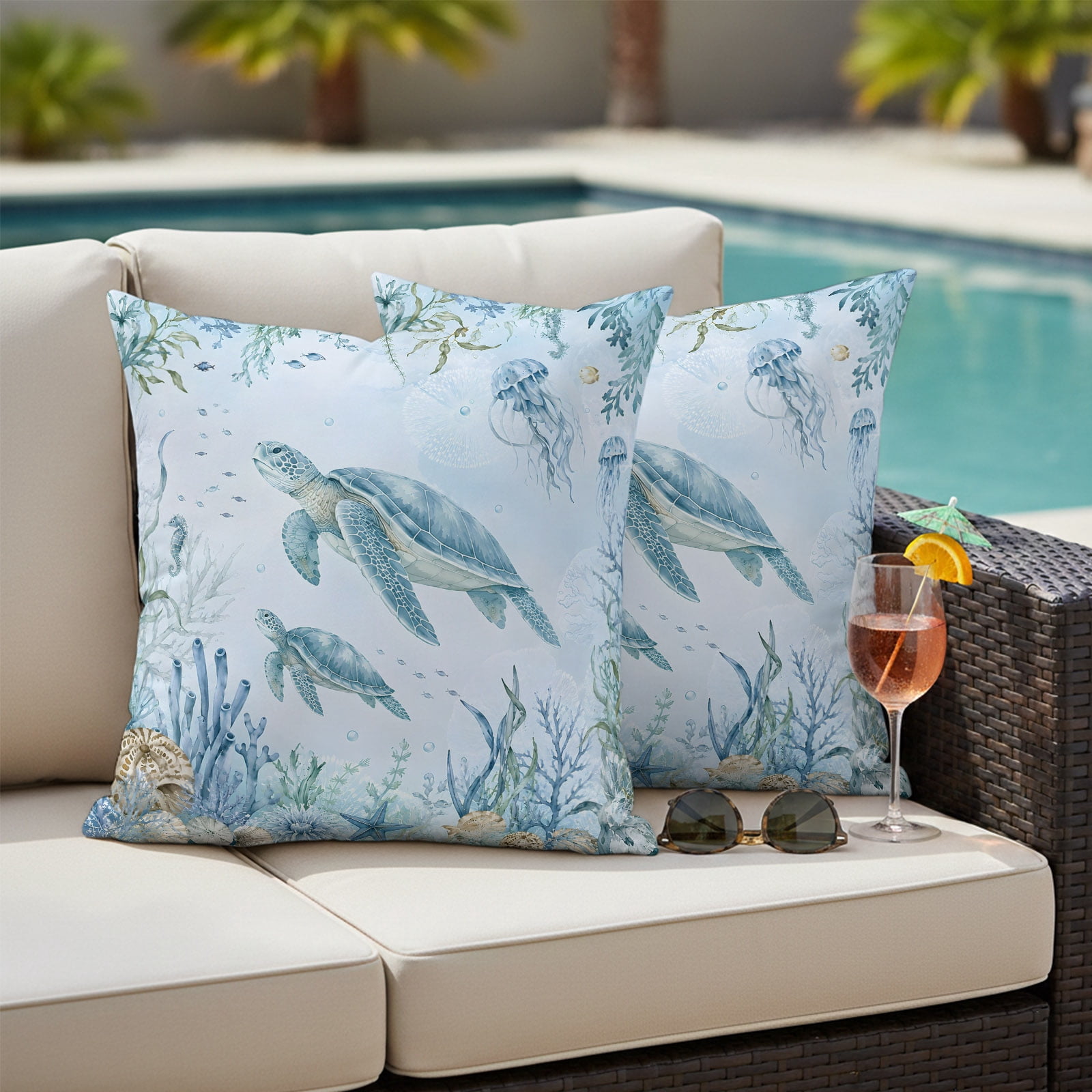 Blue Sea Turtle Outdoor Waterproof Throw Pillow Covers Set of 2, 18"x18 ...