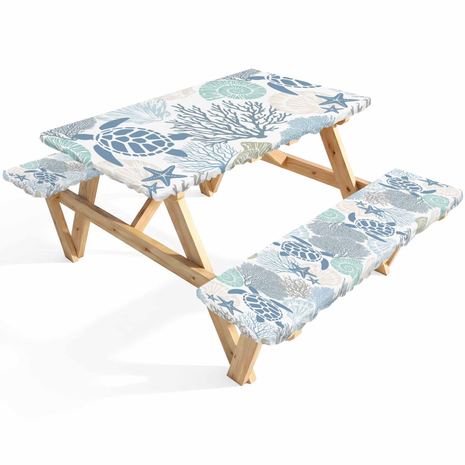 Blue Sea Turtle Picnic Table Cover with Bench Covers Nautical Ocean ...