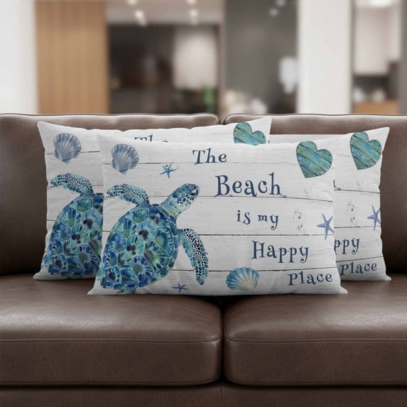 Blue Sea Turtle Pillow Covers Set of 4, Beach Happy Place Seashell ...