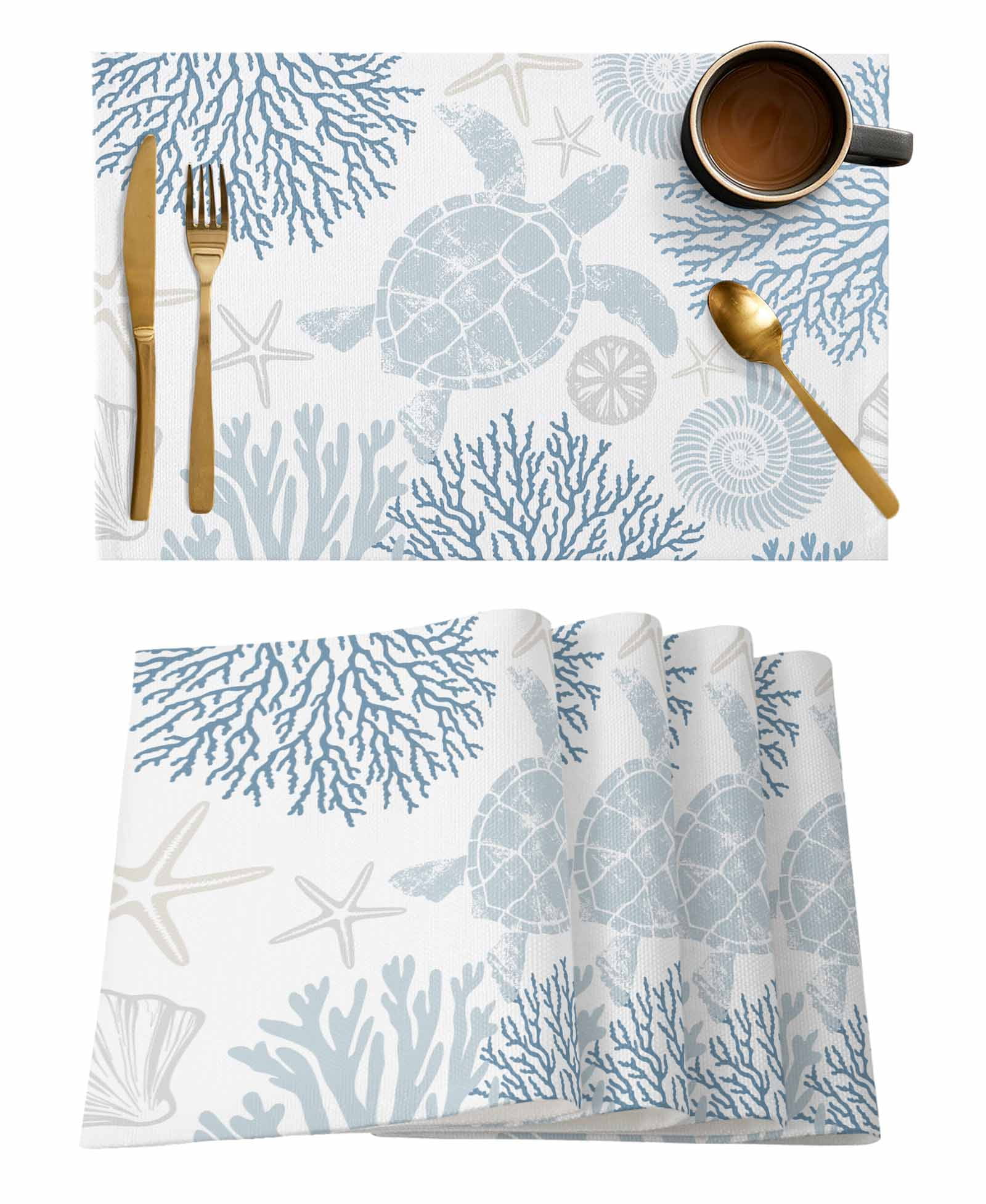 Blue Sea Turtle Placemats Set of 6, Coastal Coral Summer Beach Nautical ...