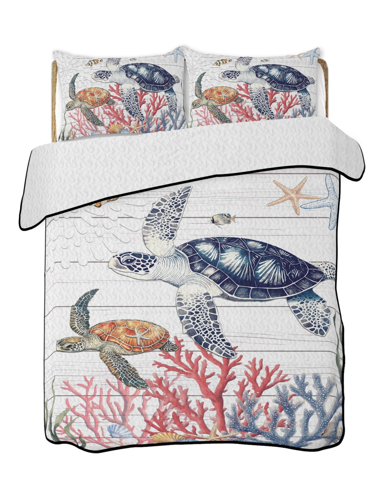 Blue Sea Turtle Quilts Bedding Set California King Coral Wood Grain ...