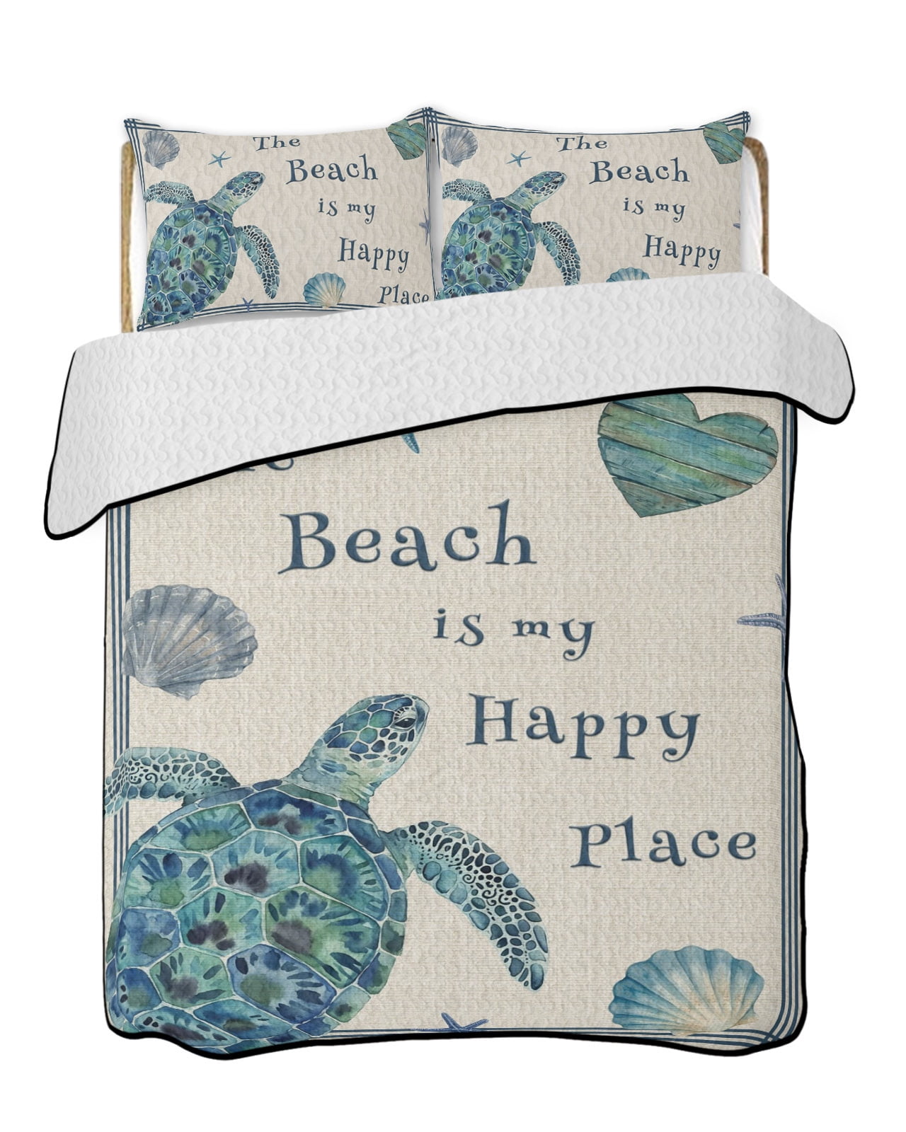 Blue Sea Turtle Quilts Bedding Set Full Size Beach Happy Place Seashell ...
