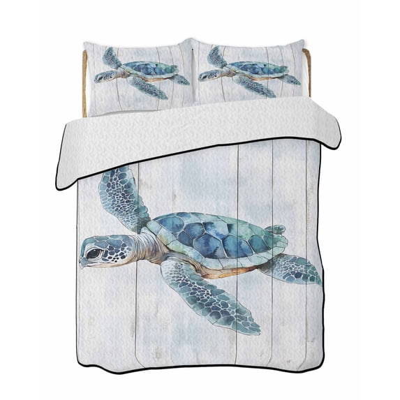 Blue Sea Turtle Quilts Bedding Set King Size Vintage Wood Grain ...