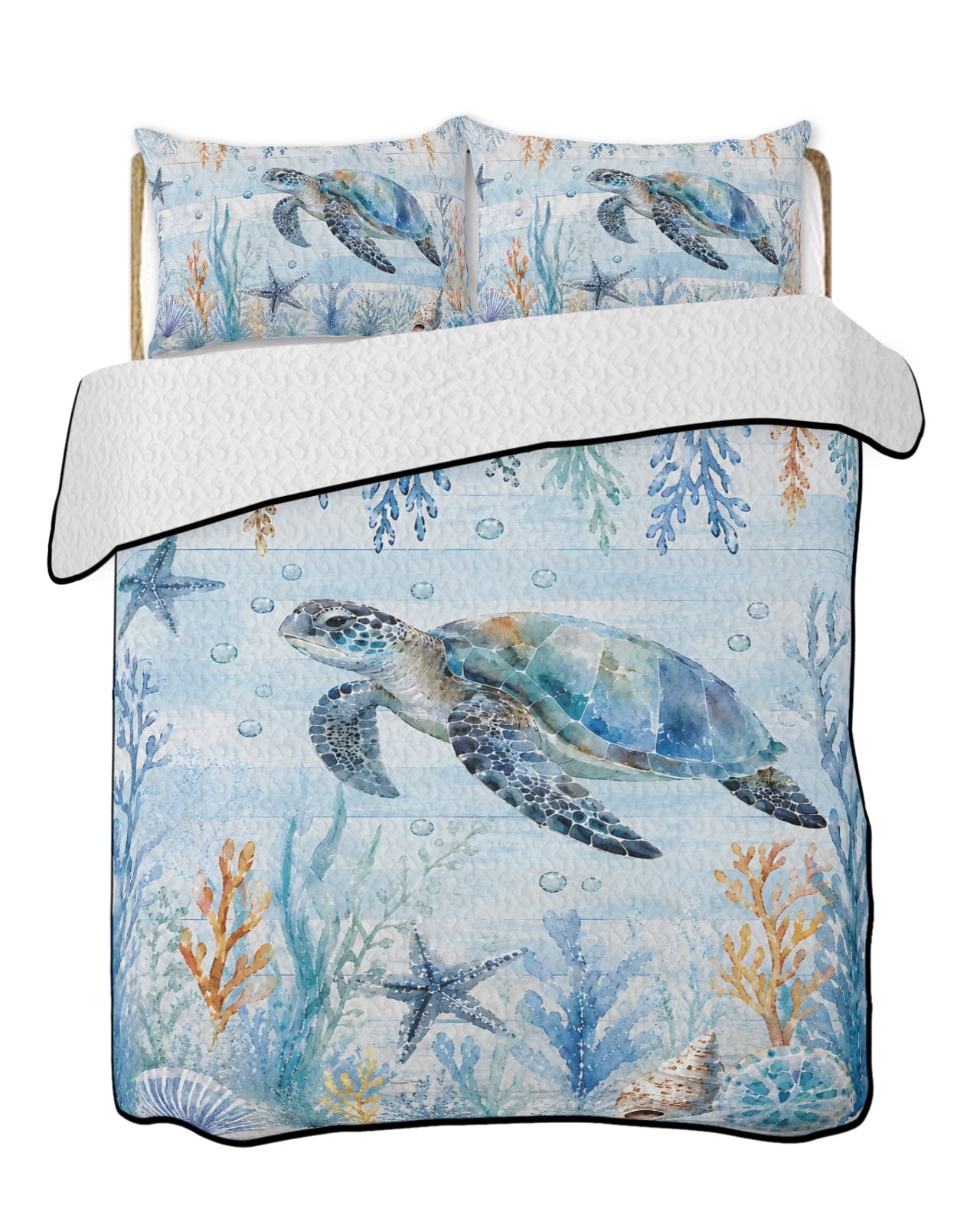 Blue Sea Turtle Quilts Bedding Set Queen Size Nautical Coastal Starfish ...
