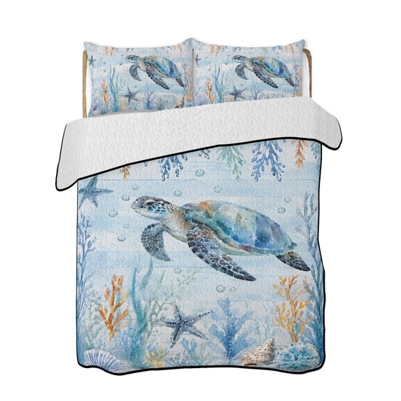 Blue Sea Turtle Quilts Bedding Set Queen Size Nautical Coastal Starfish ...
