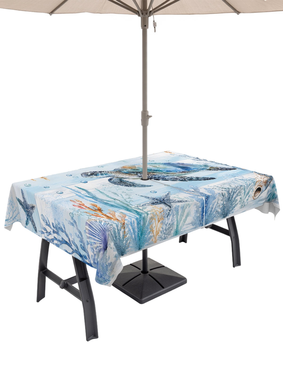 Blue Sea Turtle Rectangle Outdoor Tablecloth with Umbrella Hole ...