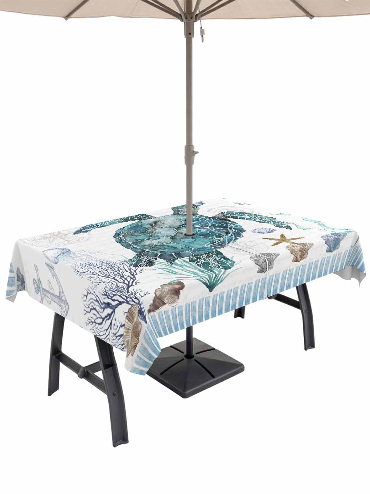 Blue Sea Turtle Rectangle Outdoor Tablecloth with Umbrella Hole Ocean ...