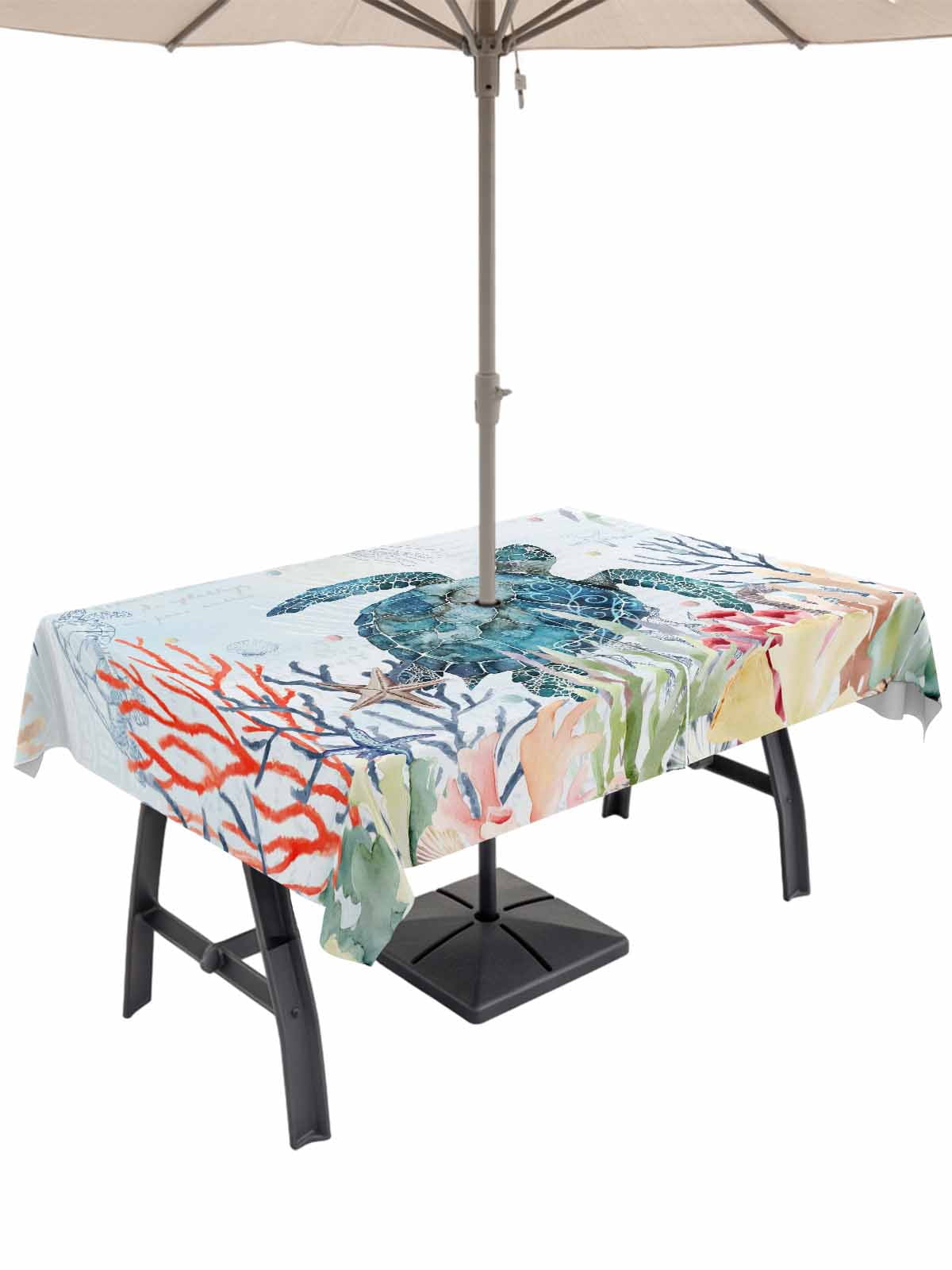 Blue Sea Turtle Rectangle Outdoor Tablecloth with Umbrella Hole ...