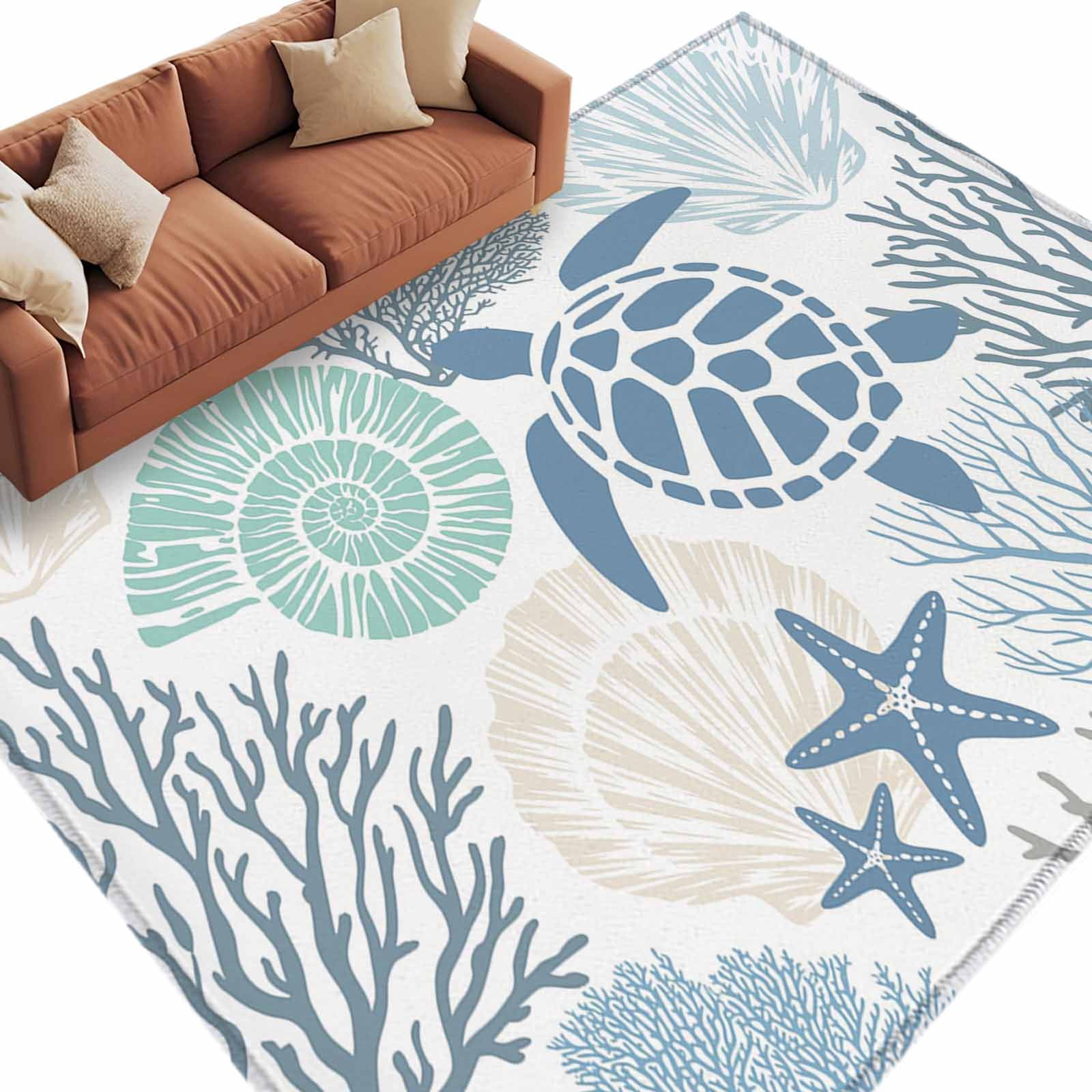 Blue Sea Turtle Rectangle Area Rug 8x10 ft Nautical Ocean Watercolor ...