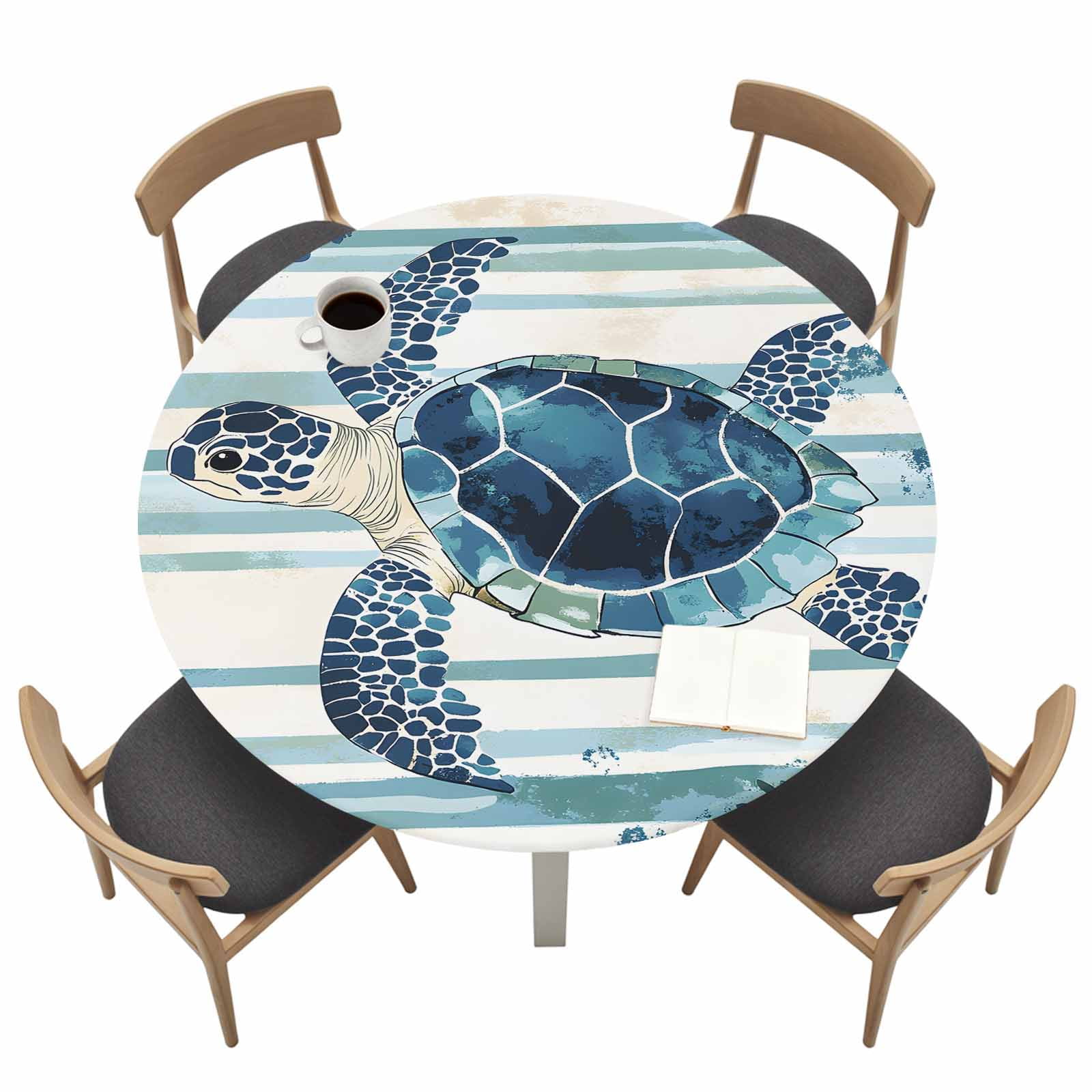 Blue Sea Turtle Round Fitted Tablecloth with Elastic Edge Blue Striped ...