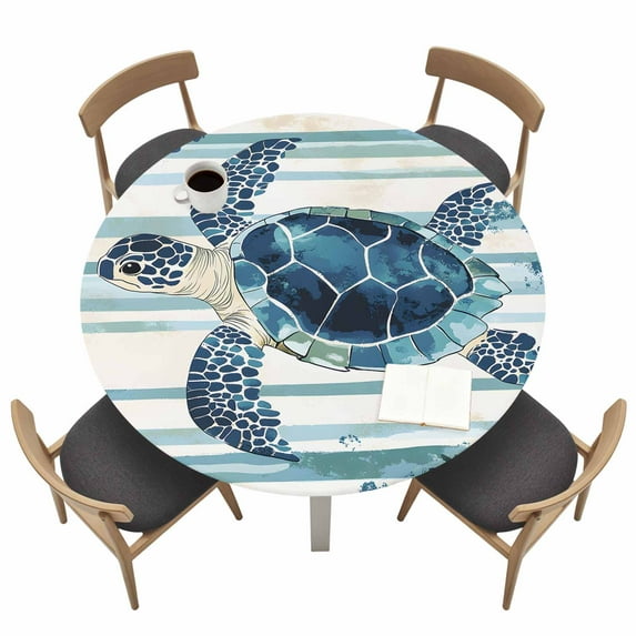 Blue Sea Turtle Round Fitted Tablecloth with Elastic Edge Blue Striped ...