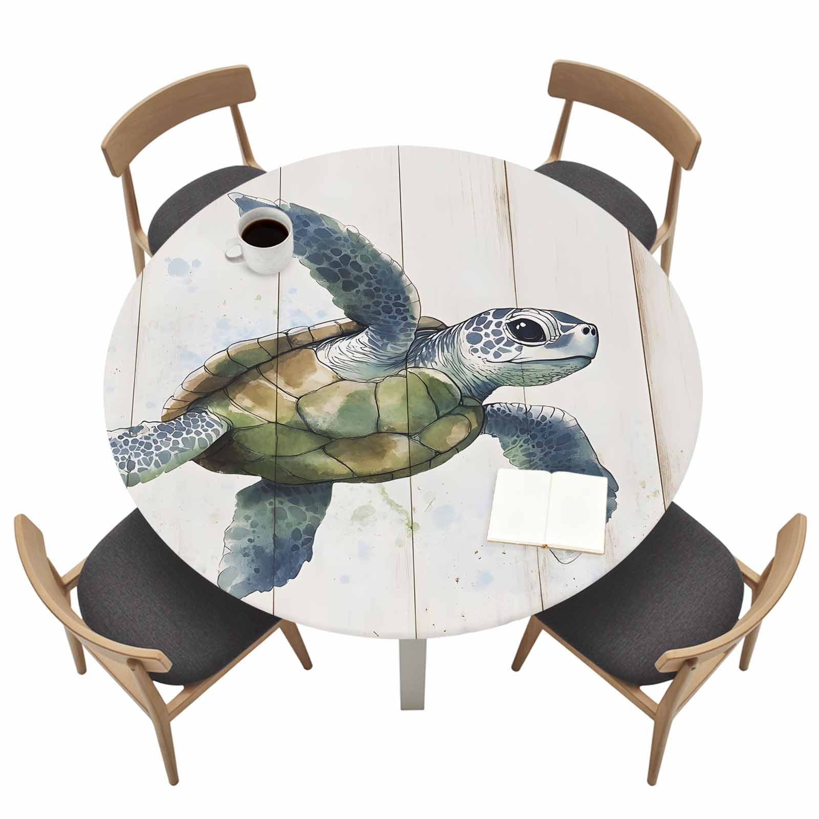 Blue Sea Turtle Round Fitted Tablecloth with Elastic Edge Wood Grain ...