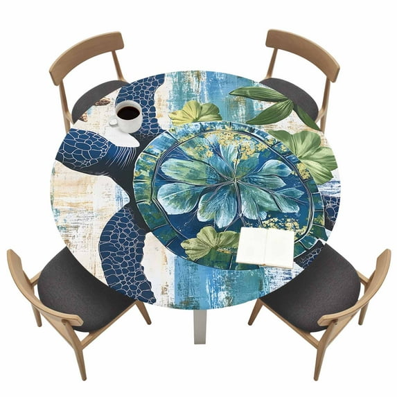 Blue Sea Turtle Round Fitted Tablecloth with Elastic Edge Wood Grain ...