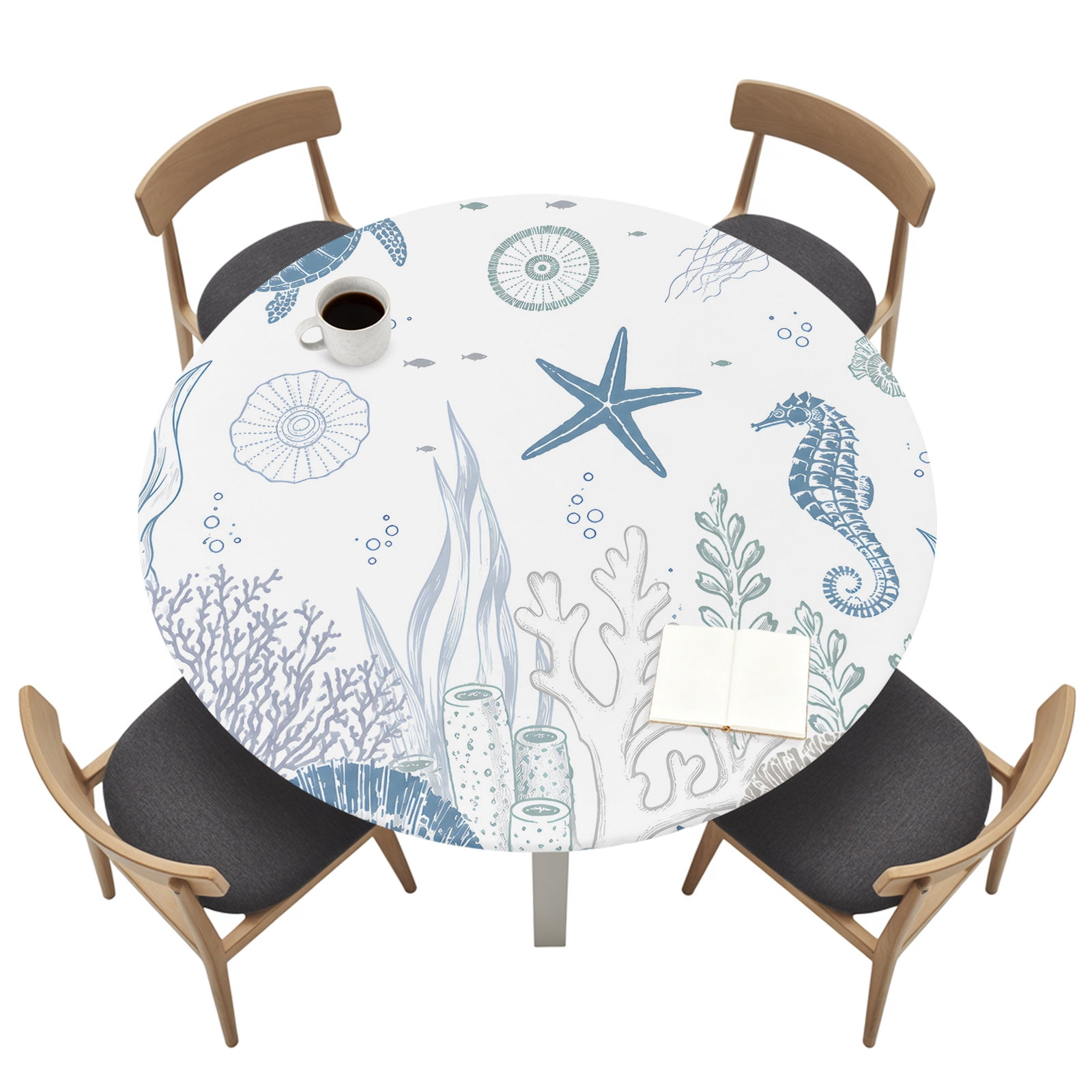 Blue Sea Turtle Round Fitted Tablecloth with Elastic Edged, Seahorse ...