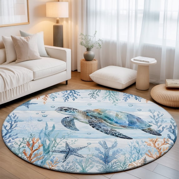Blue Sea Turtle Round Living Room Rugs 6 ft, Nautical Coastal Starfish ...