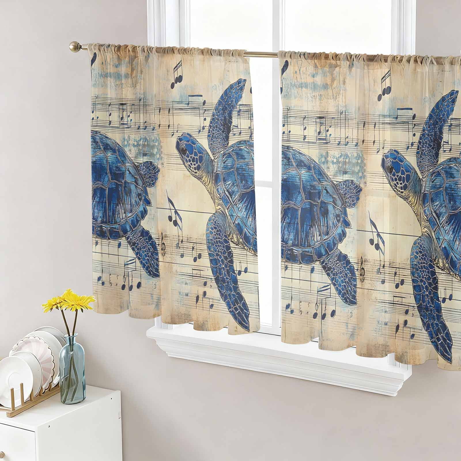 Blue Sea Turtle Semi Sheer Curtains 45 Inch Length 2 Panels Set ...