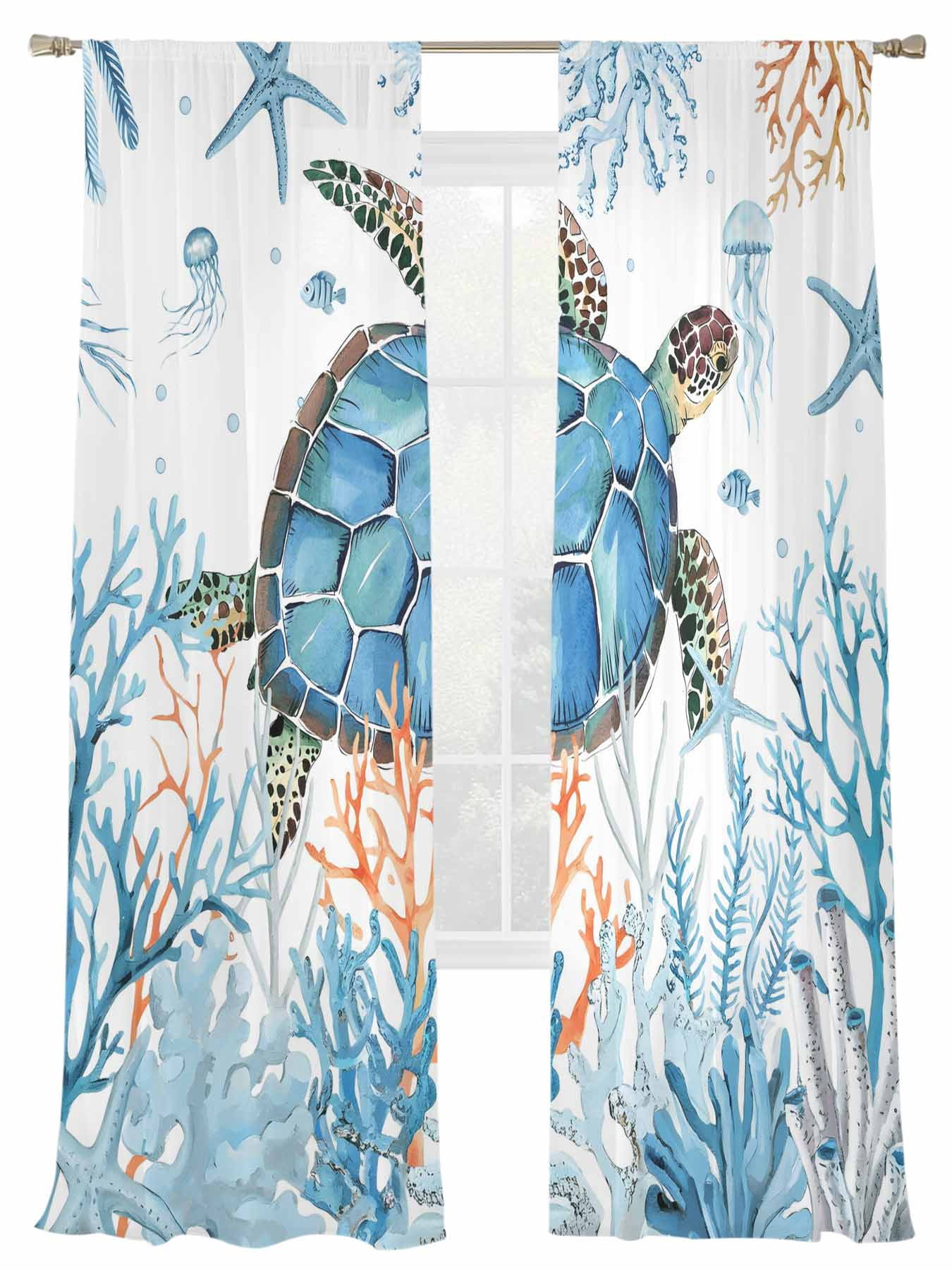 Blue Sea Turtle Sheer Curtains 108 Inch Length 2 Panels Set, Semi ...