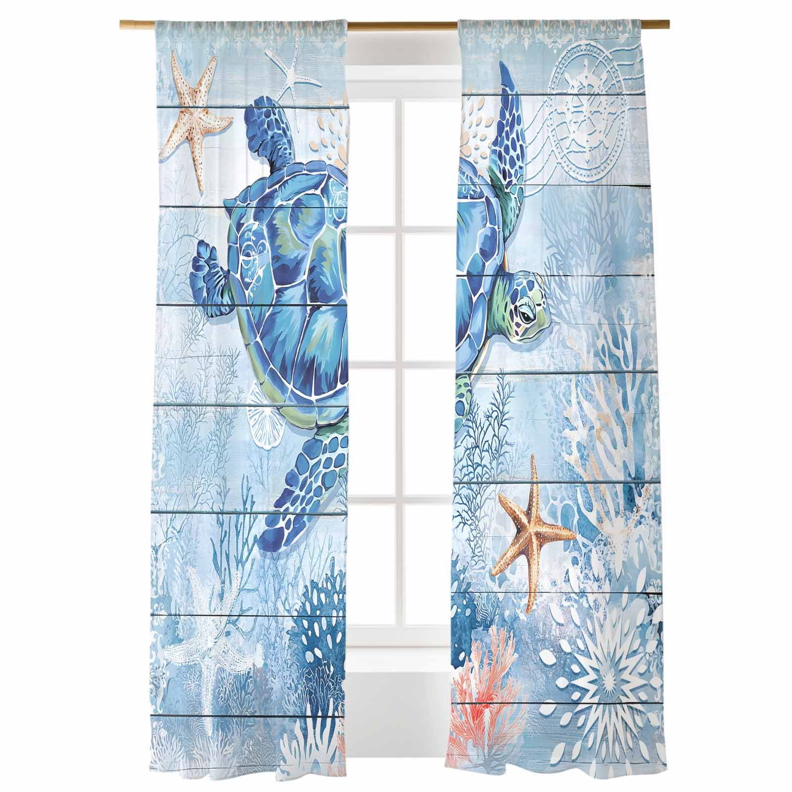 Blue Sea Turtle Sheer Curtains 2 Panels Set, Ocean Coral Starfish ...