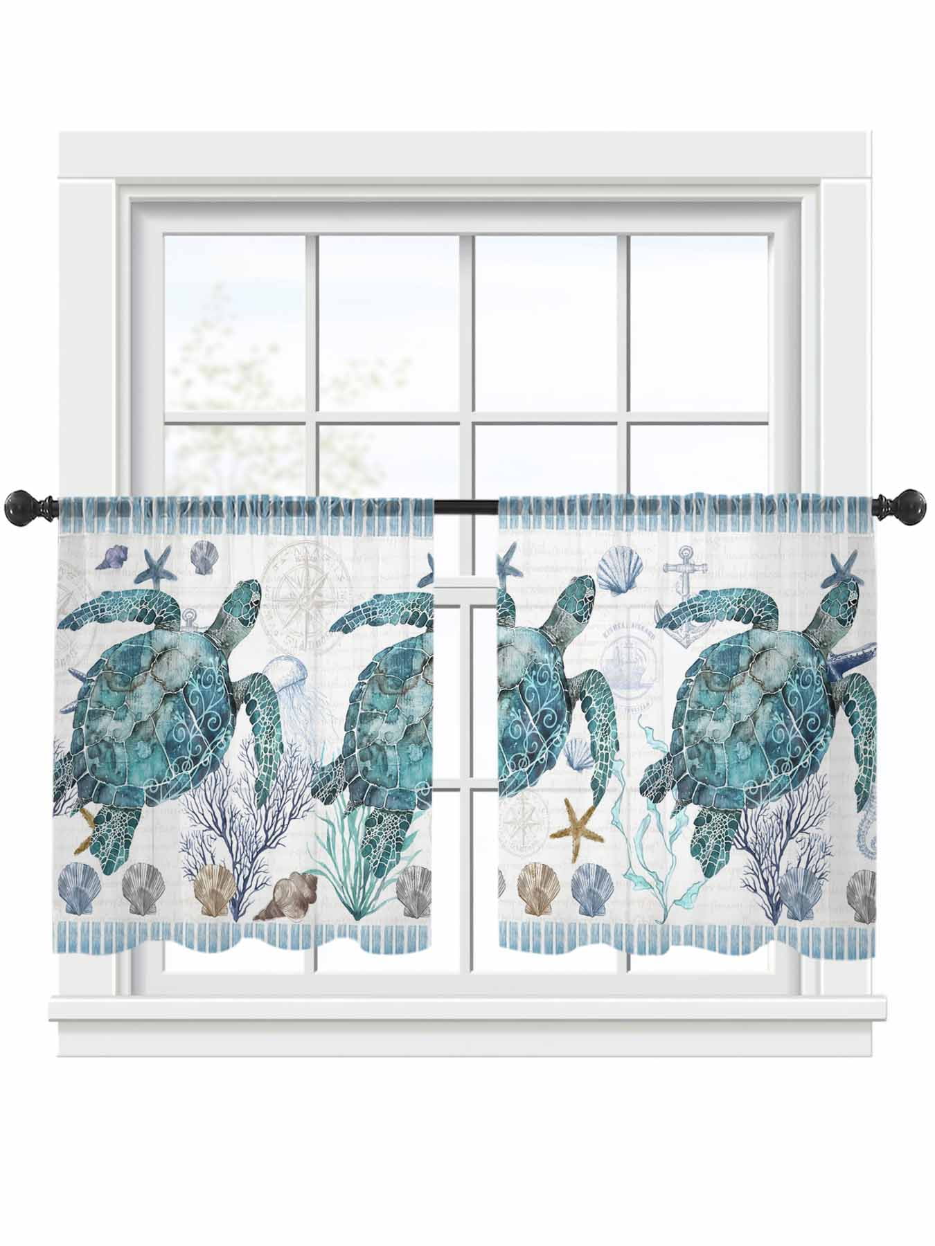 Blue Sea Turtle Sheer Curtains 2 Panels Set Ocean Watercolor Blue ...