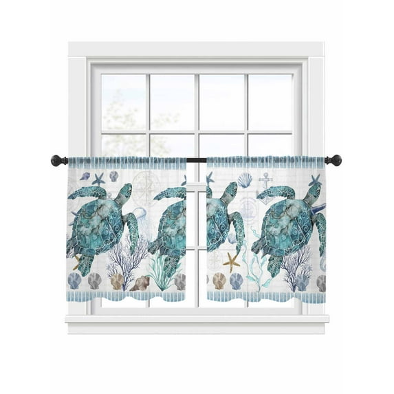 Blue Sea Turtle Sheer Curtains 2 Panels Set Ocean Watercolor Blue ...