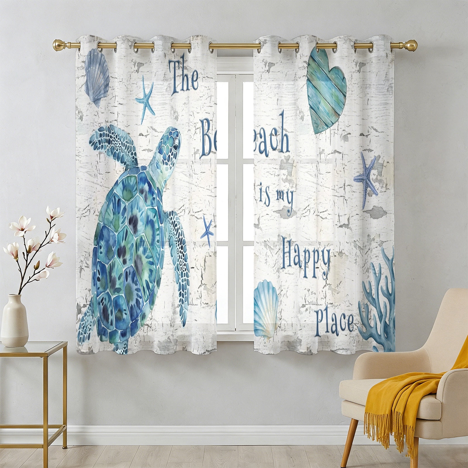 Blue Sea Turtle Sheer Curtains 45 Inch Long 2 Panels, Beach Happy Place ...