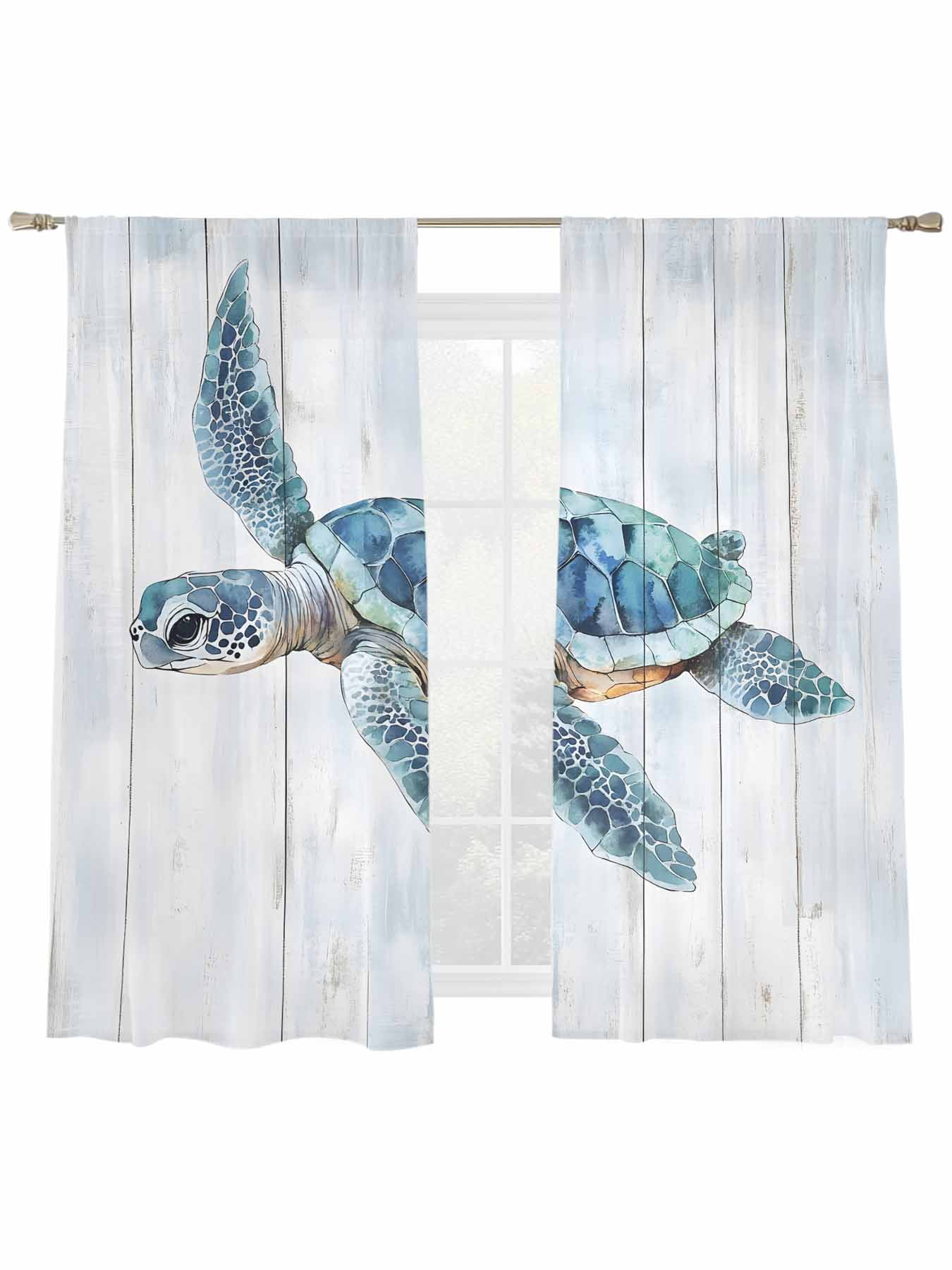 Blue Sea Turtle Sheer Curtains 63 Inch Long 2 Panels, Vintage Wood ...