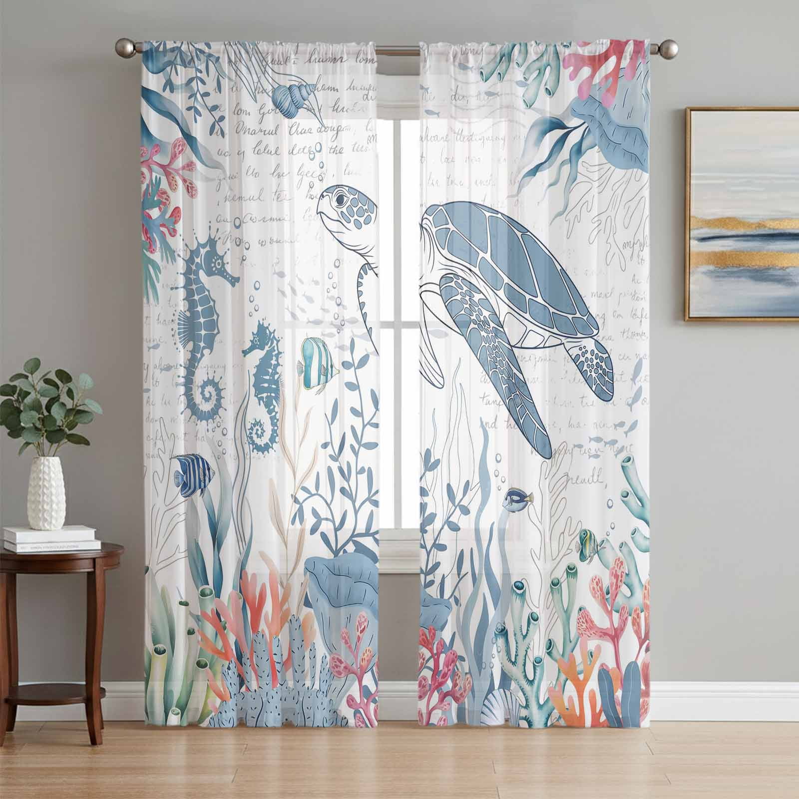 Blue Sea Turtle Sheer Curtains 84 Inch Length 2 Panels Set Window ...
