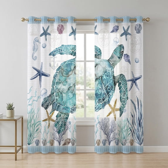 Blue Sea Turtle Sheer Curtains 84 Inch Long 2 Panels, Ocean Watercolor ...