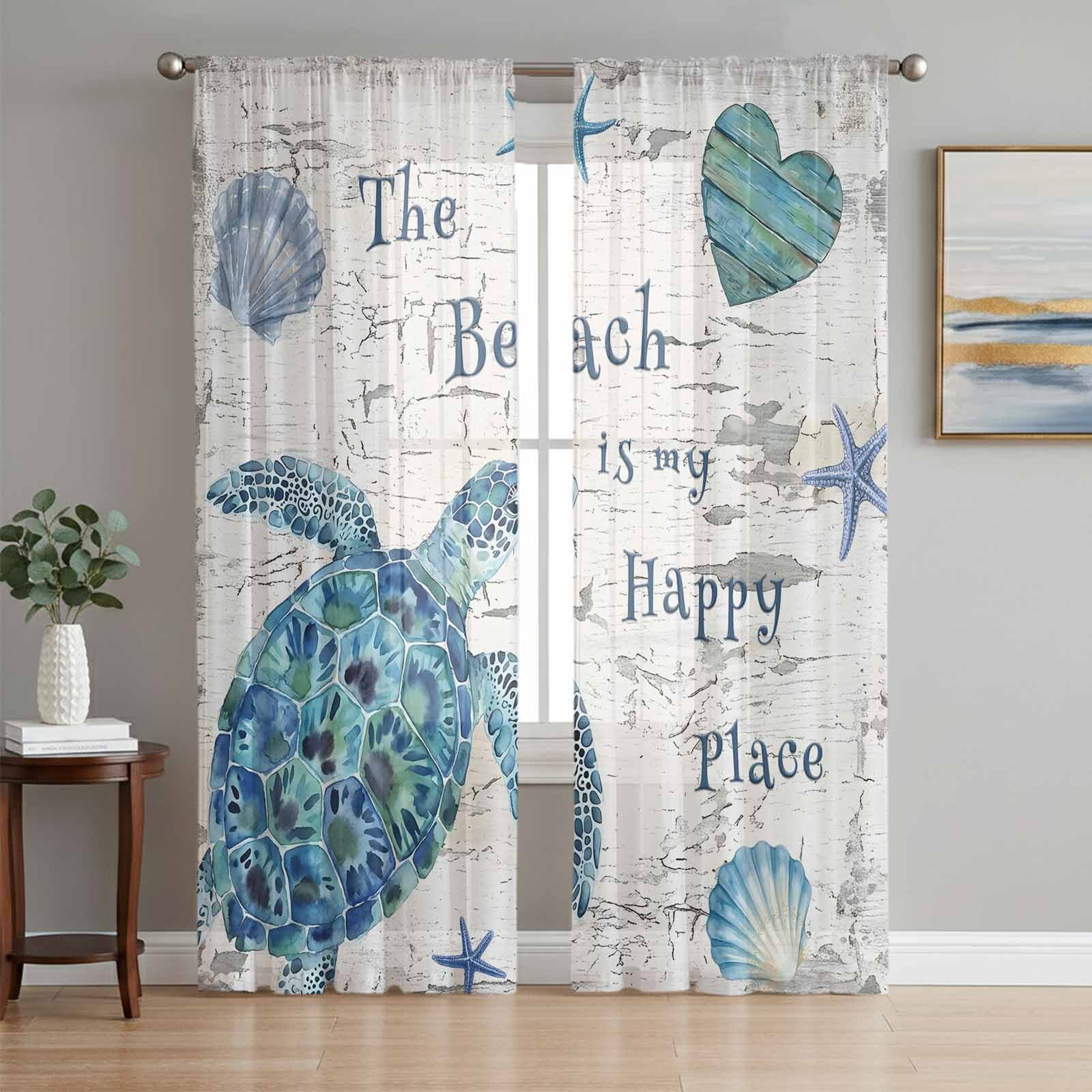 Blue Sea Turtle Sheer Curtains for Living Room Bedroom, Beach Happy ...