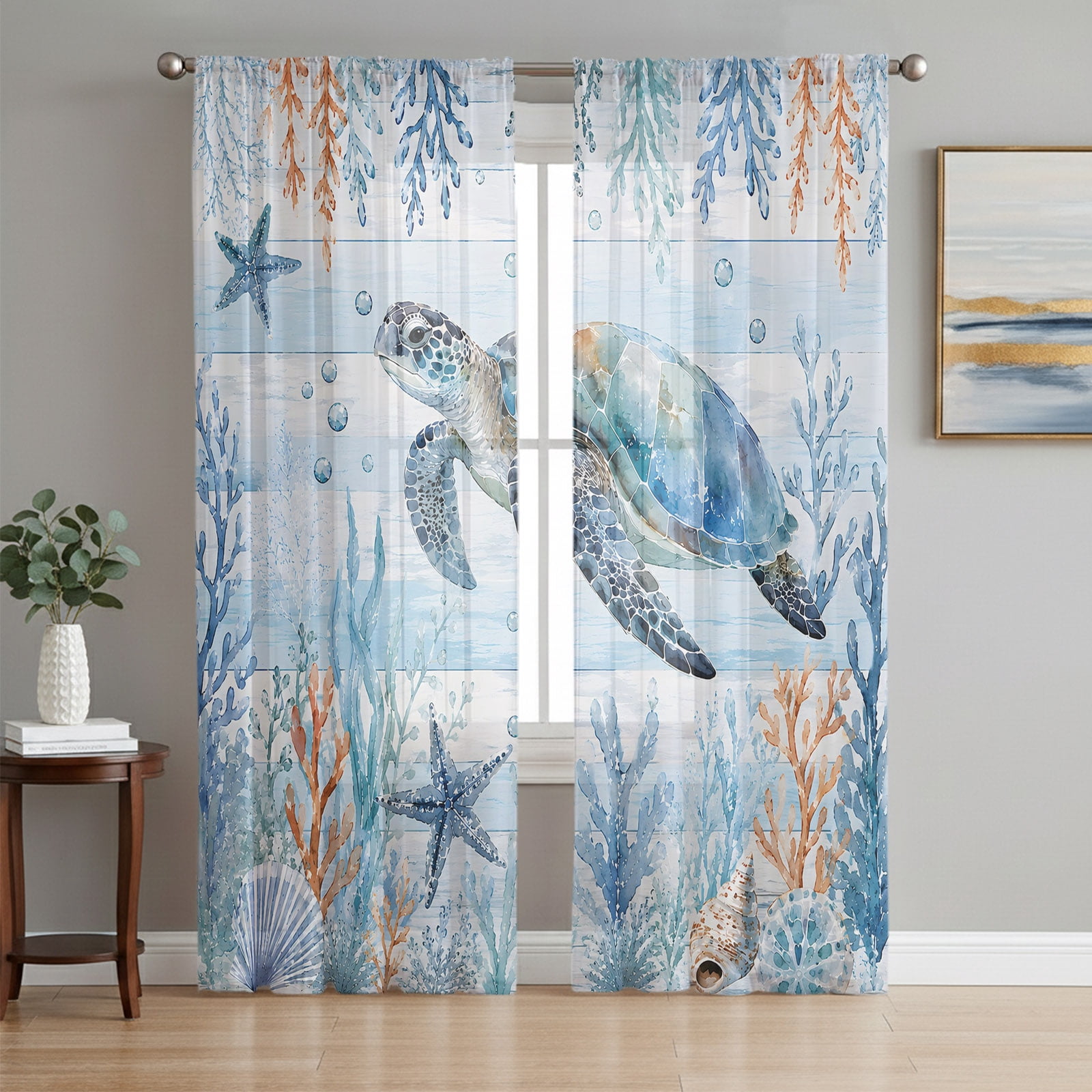 Blue Sea Turtle Sheer Curtains for Living Room Bedroom, Nautical ...