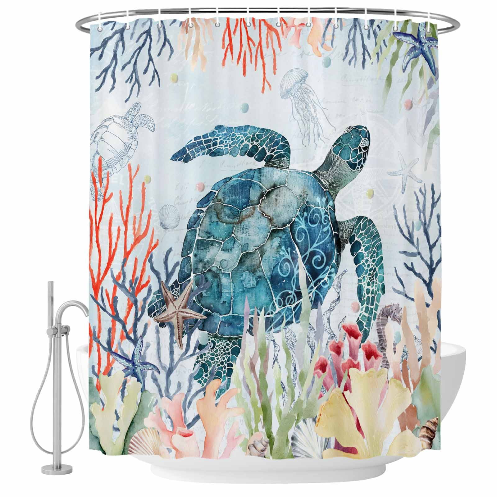 Blue Sea Turtle Shower Curtain, 72" x 84", Watercolor Rustic Red Blue ...