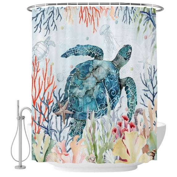 Blue Sea Turtle Shower Curtain, 72" x 84", Watercolor Rustic Red Blue ...