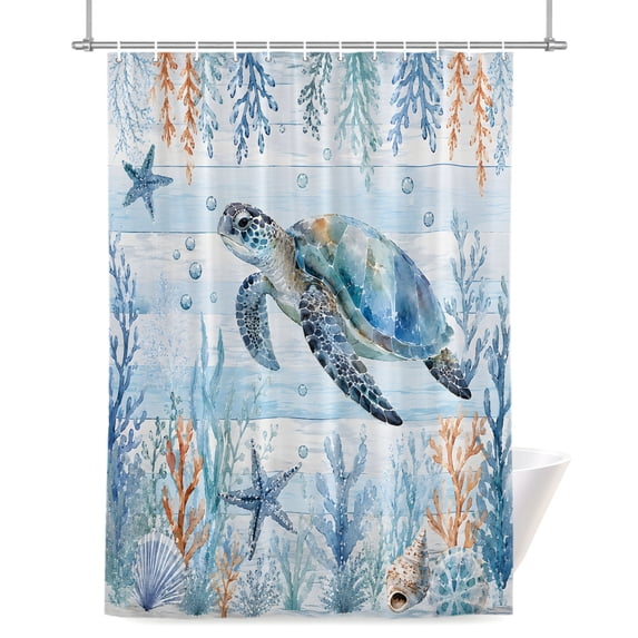 Blue Sea Turtle Shower Curtain, Nautical Coastal Starfish Shell Bubble ...