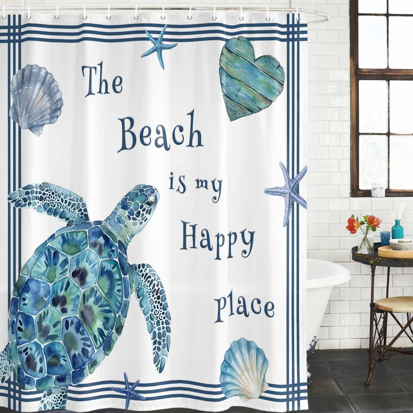 Blue Sea Turtle Shower Curtain, Watercolor Beach Happy Place Seashell ...