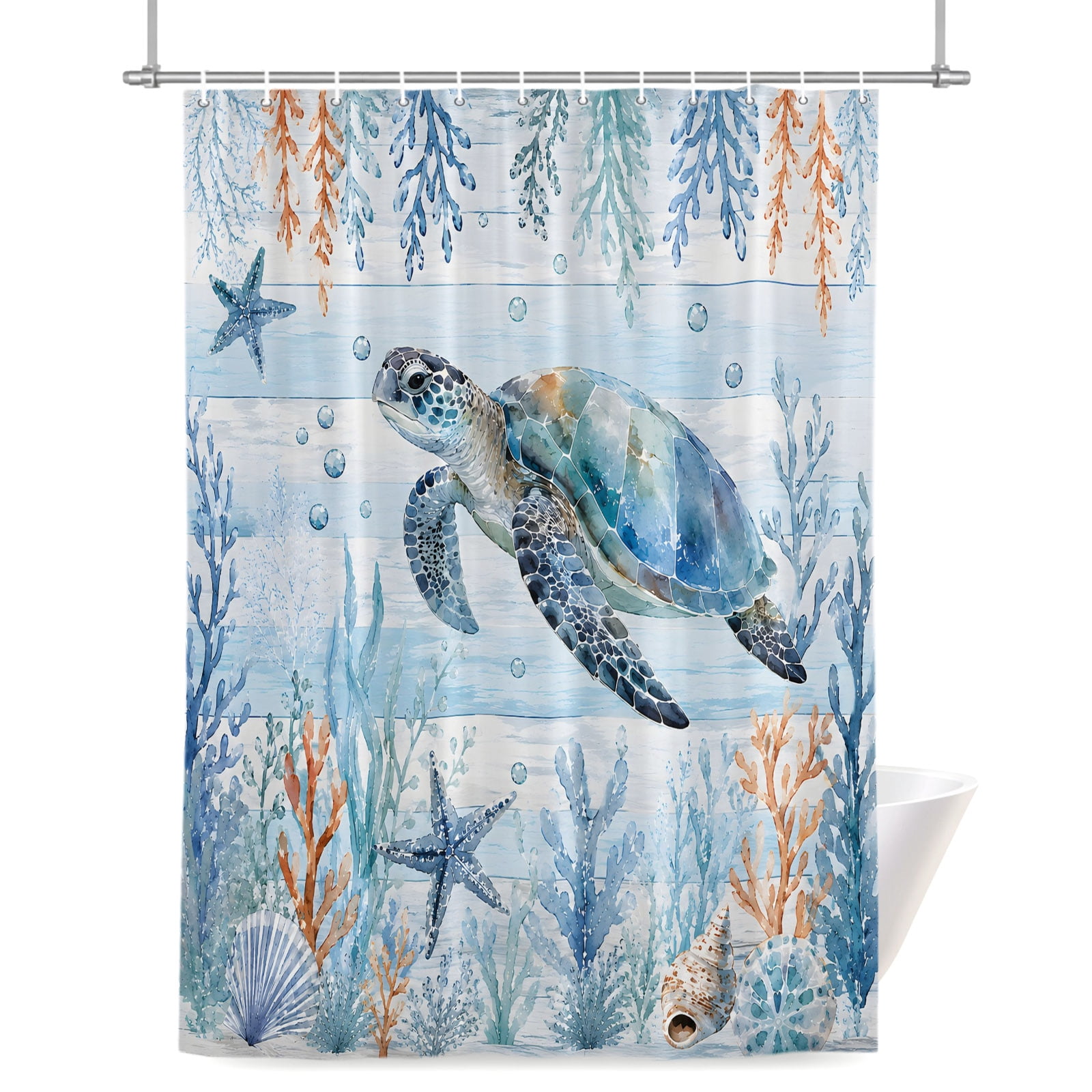 Blue Sea Turtle Shower Curtains for Bathroom, Nautical Coastal Starfish ...
