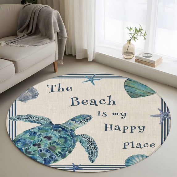 Blue Sea Turtle Small Round Rug 3Ft Beach Happy Place Seashell Starfish ...