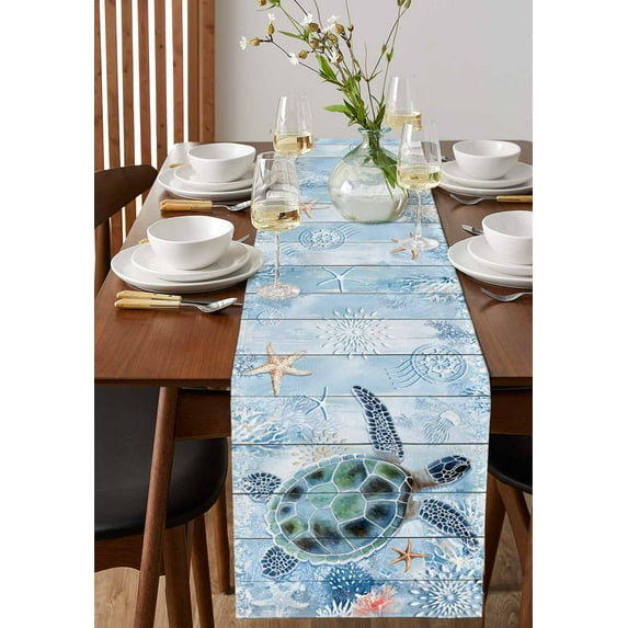 Blue Sea Turtle Starfish Blue Coral Table Runner 13x36in Non-Slip ...